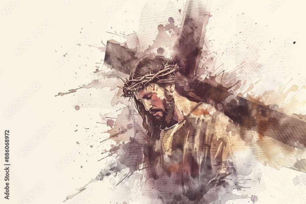 Jesus Christ carries cross on beige background with watercolor style ...