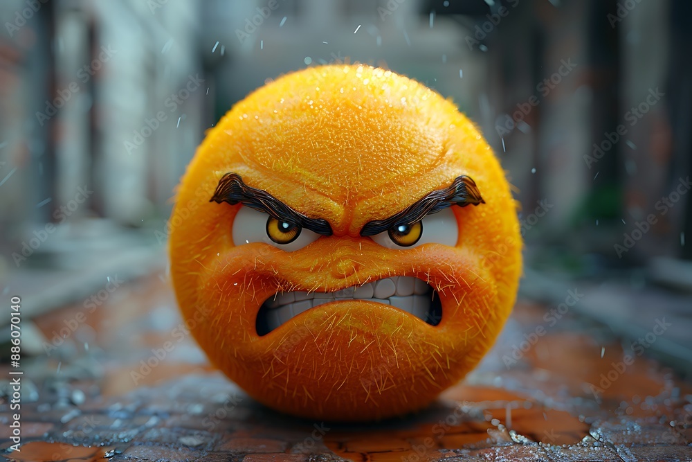 An angry yellow emoji face in 3D, with furrowed brows and flushed ...