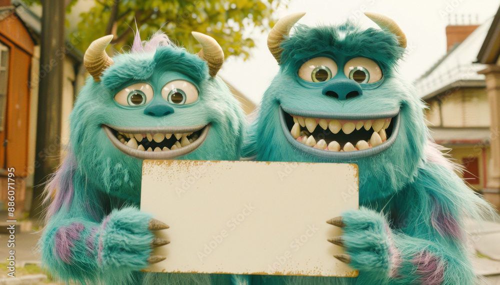 Sulley and Sullivan from Monsters Inc hold a sign with a cartoon font ...