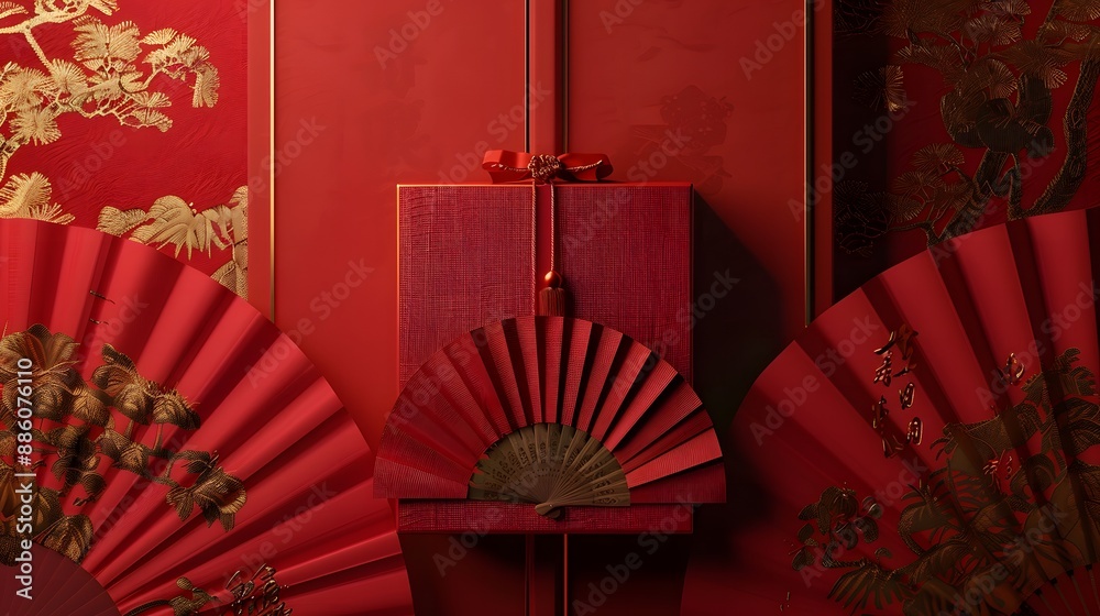 Create a 3D model of a red package in front of a stunning red Chinese ...