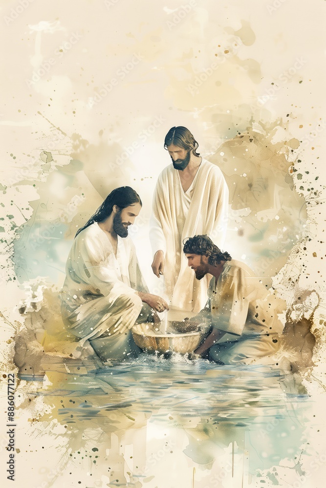 Jesus washing feet illustration on Maundy Holy Thursday. Two figures in ...