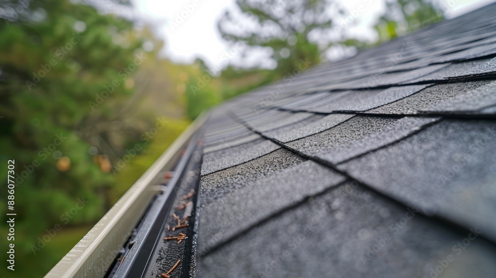 Close-up of a weathered asphalt shingle roof with a gutter. Stock Photo ...