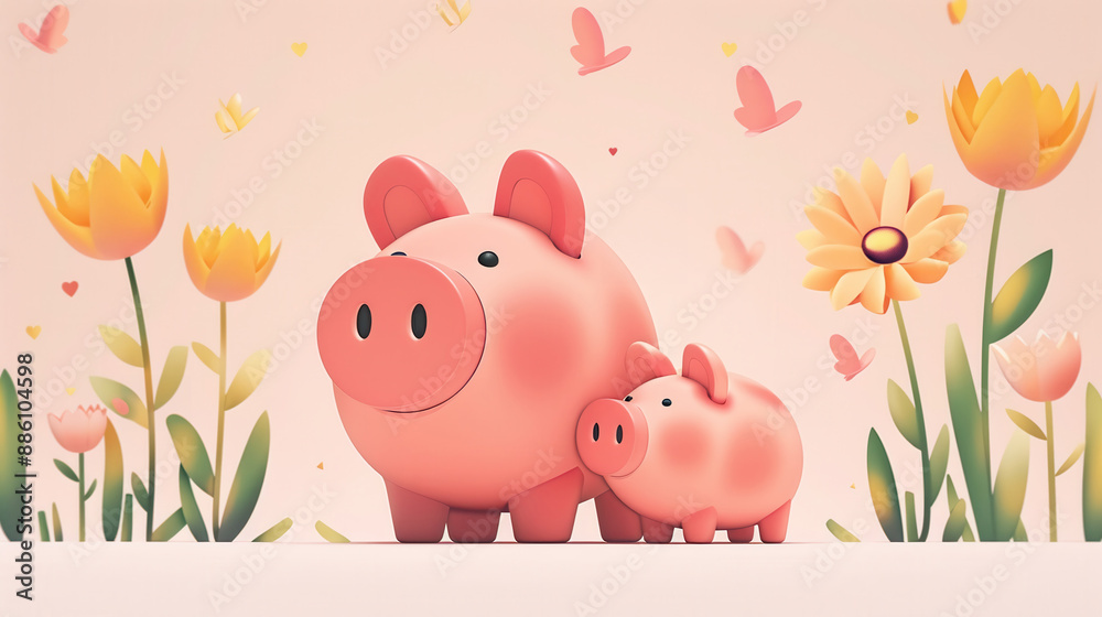Cute Cartoon Piggy Family in a Spring Flower Garden with Butterflies ...