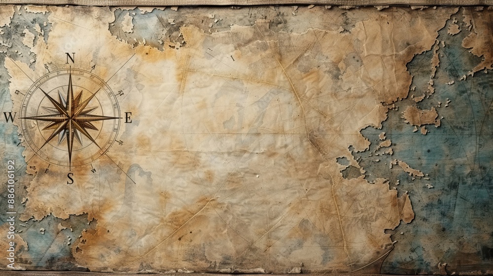 Vintage Nautical Map with Compass Rose, Weathered Parchment Texture ...