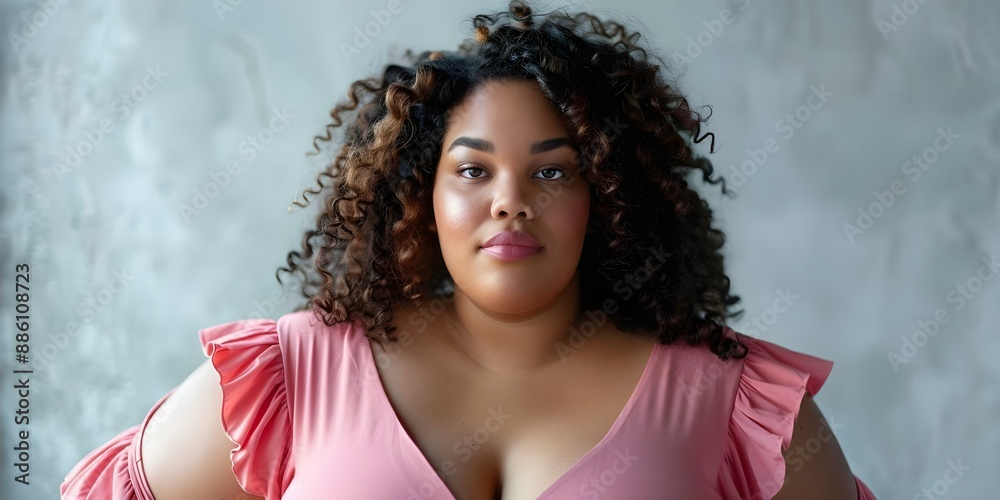 African American Plus-Size Model with Curly Hair Wearing a Pink Dress ...