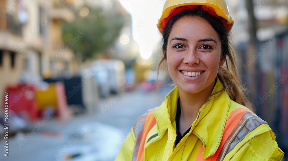 Beautiful female sanitation worker smiling warmly, work uniform, clean ...