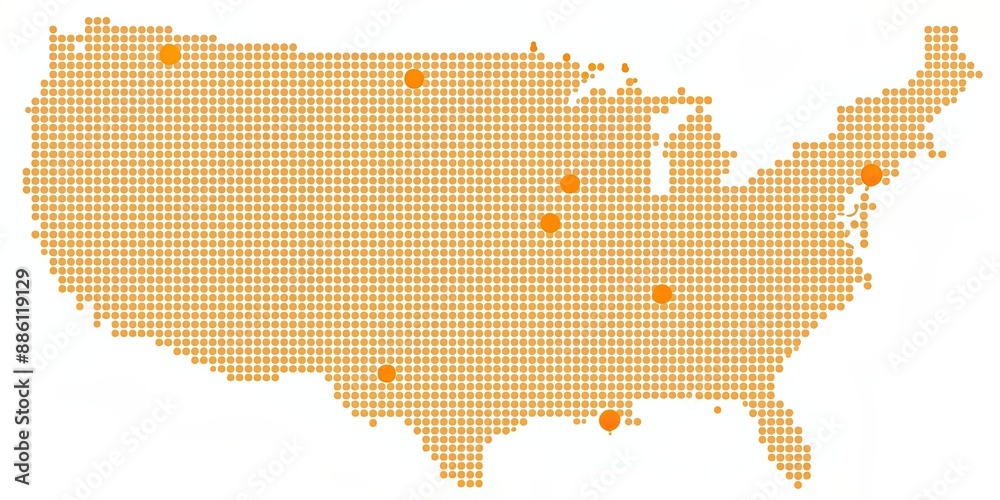 Map of the United States with orange dots representing locations ...