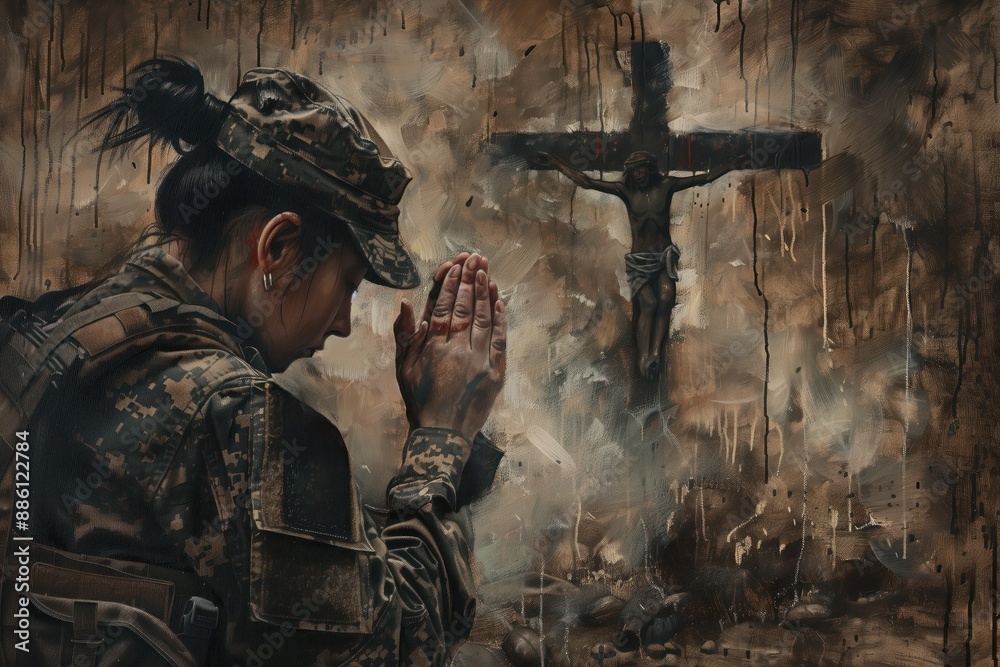 Female soldier stands before cross, hands clasped in prayer. Camouflage ...
