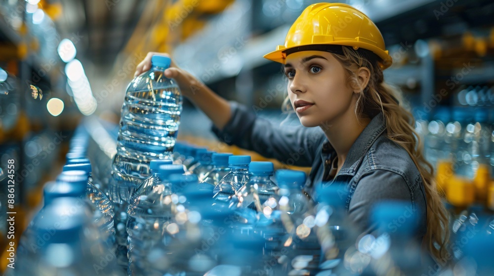 Female employee examining the standard of plastic water container in a ...