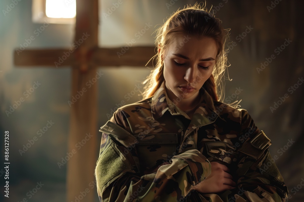 Christian female soldier stands in dimly lit room with hands clasped ...