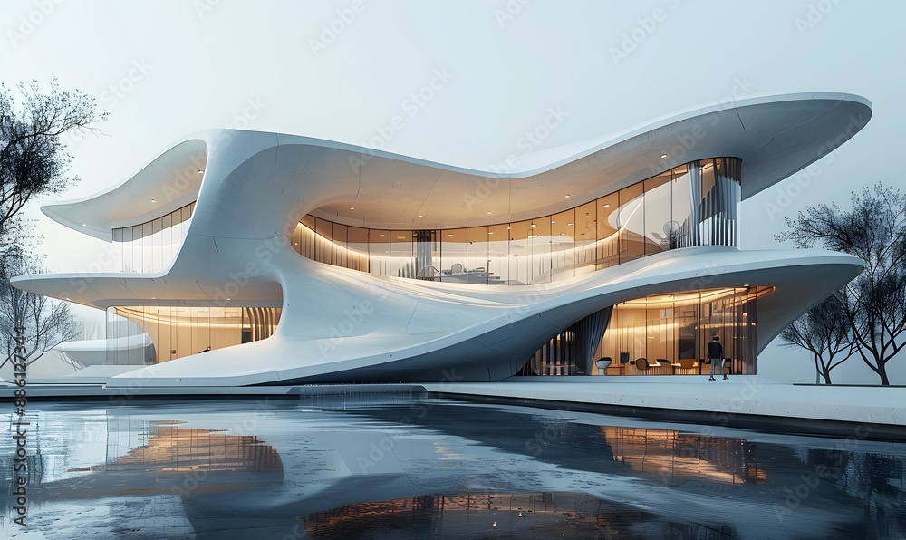 Architectural masterpiece of a sleek, futuristic new factory building ...
