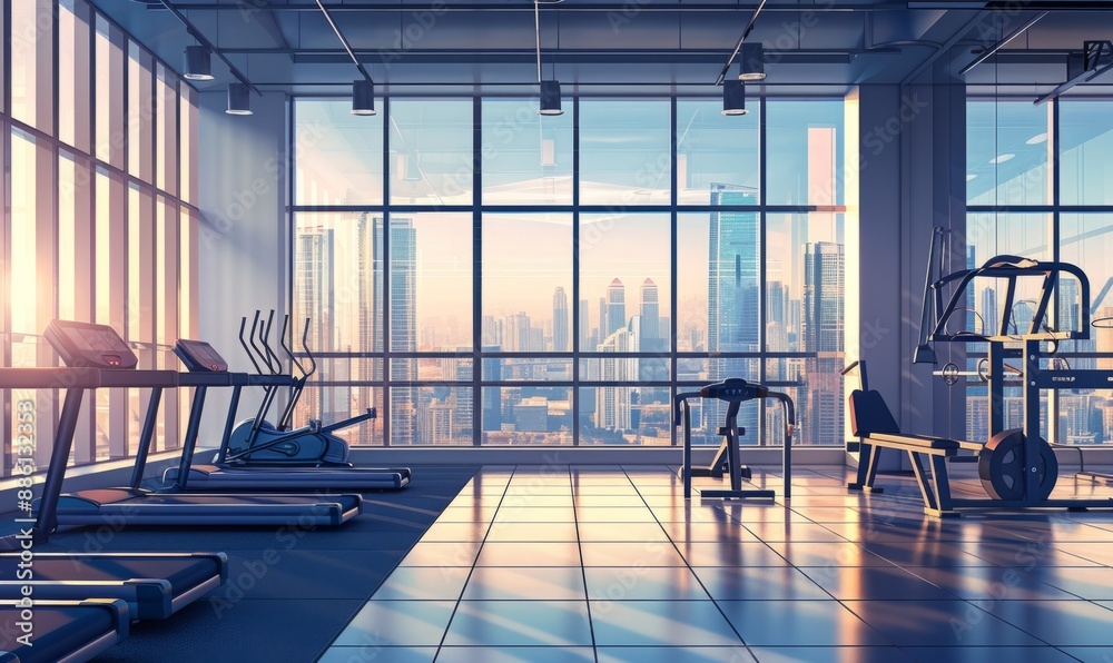 Fitness center gym interior design with daylight big window center city ...