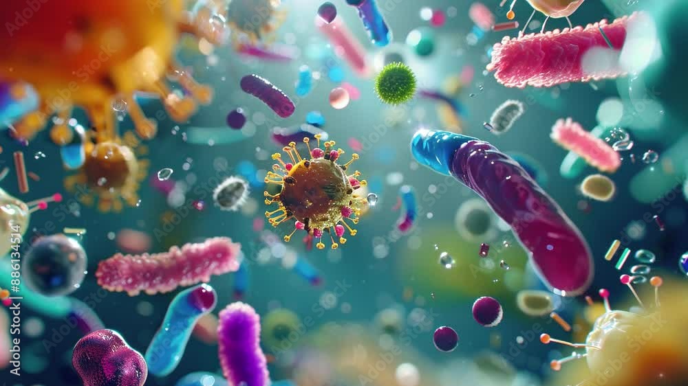 3D Illustration of Bacteriophage and Viruses. Colorful bacteria and ...