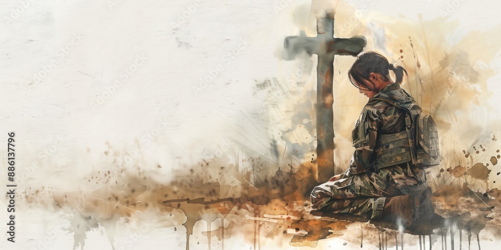 Christian female soldier prays in front of cross. Camouflage uniform ...