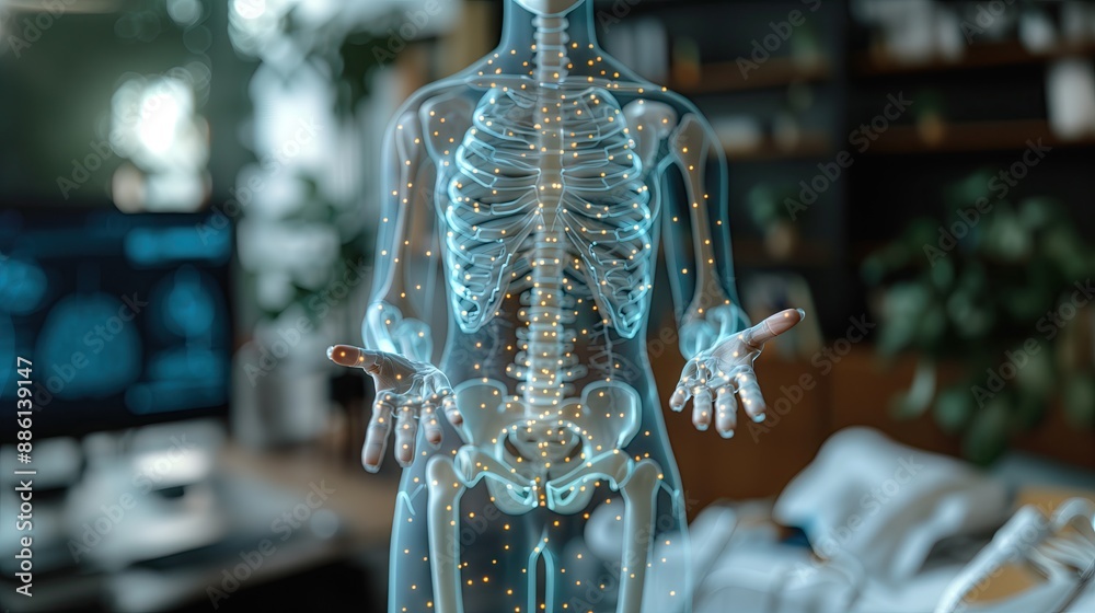 Anatomical skeleton of the body, transparent to see the human body ...
