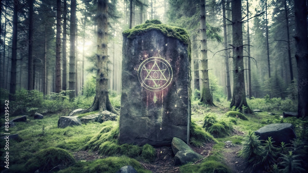 Arcane sigil inscribed on a mysterious forest monolith, magic ...