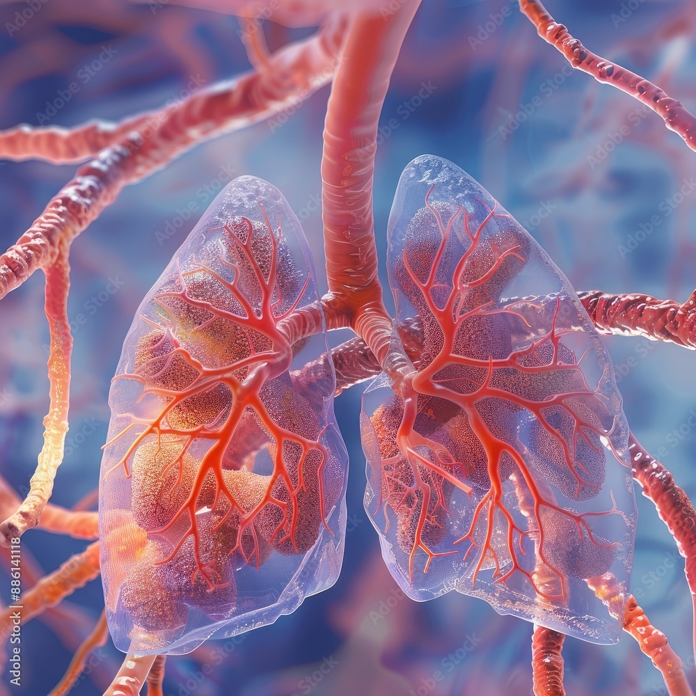 Medical illustration of vascular capillaries and pulmonary connections ...