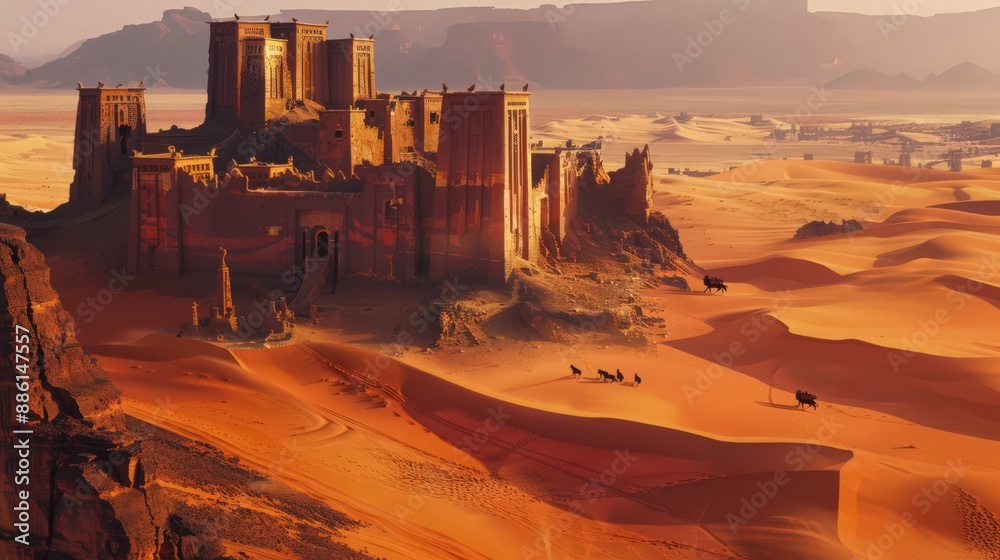 Capture the vastness of a desert landscape, with nomadic tribes ...