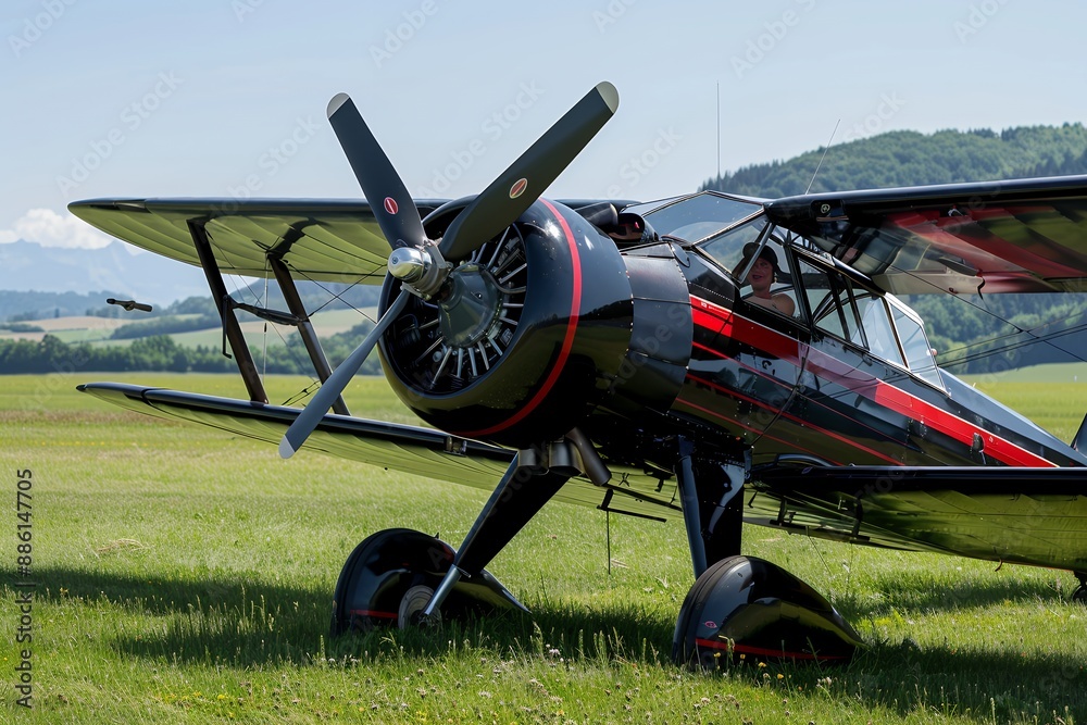 Old American bush plane with black and red stripes parked on grass at ...