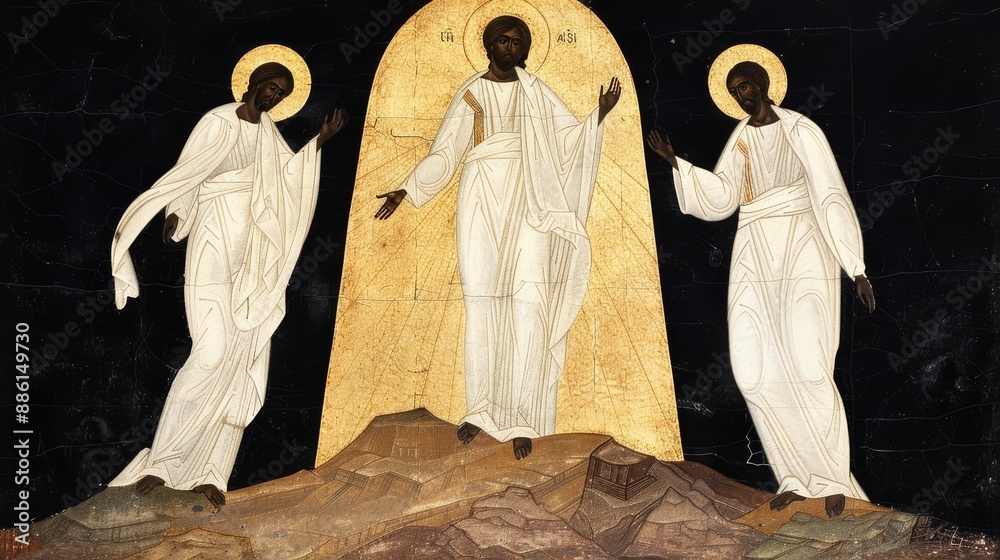 an icon of the Transfiguration of Jesus depicted in traditional ...