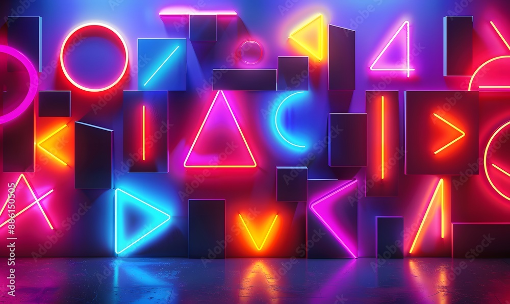Creative collage of neon shapes in different sizes and colors, arranged ...