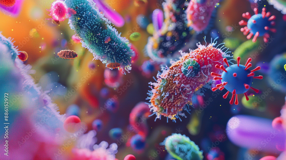 3D Illustration of Bacteriophage and Viruses. Colorful bacteria and ...