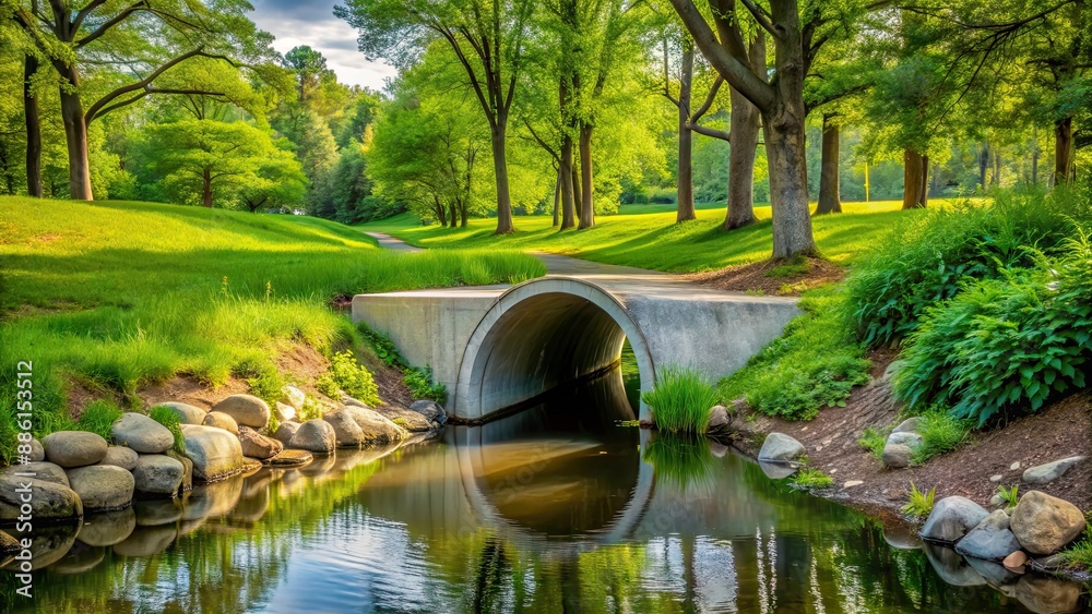 Concrete culvert in a serene summer park setting, culvert, concrete ...