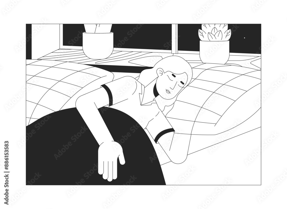 Sleeping one woman only black and white flat line illustration. Napping ...
