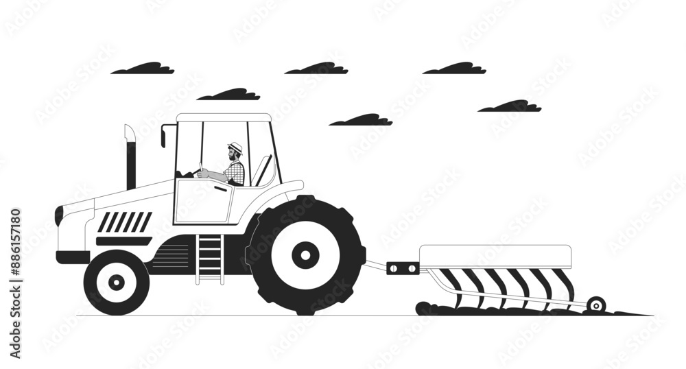 Black male plowing field with tractor black and white flat line ...