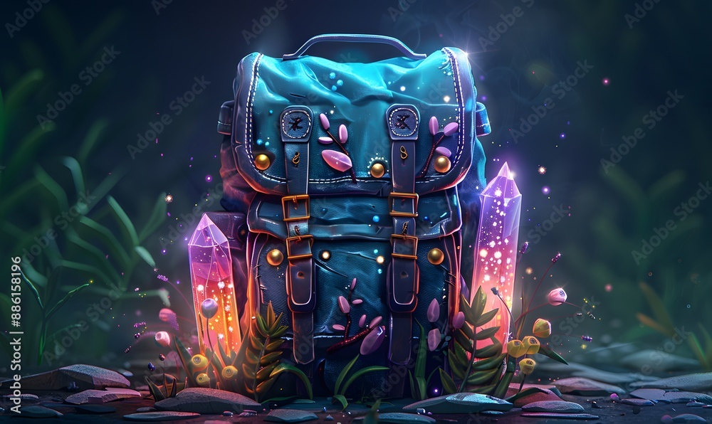 Cartoon-style backpack with magical elements like glowing crystals and ...