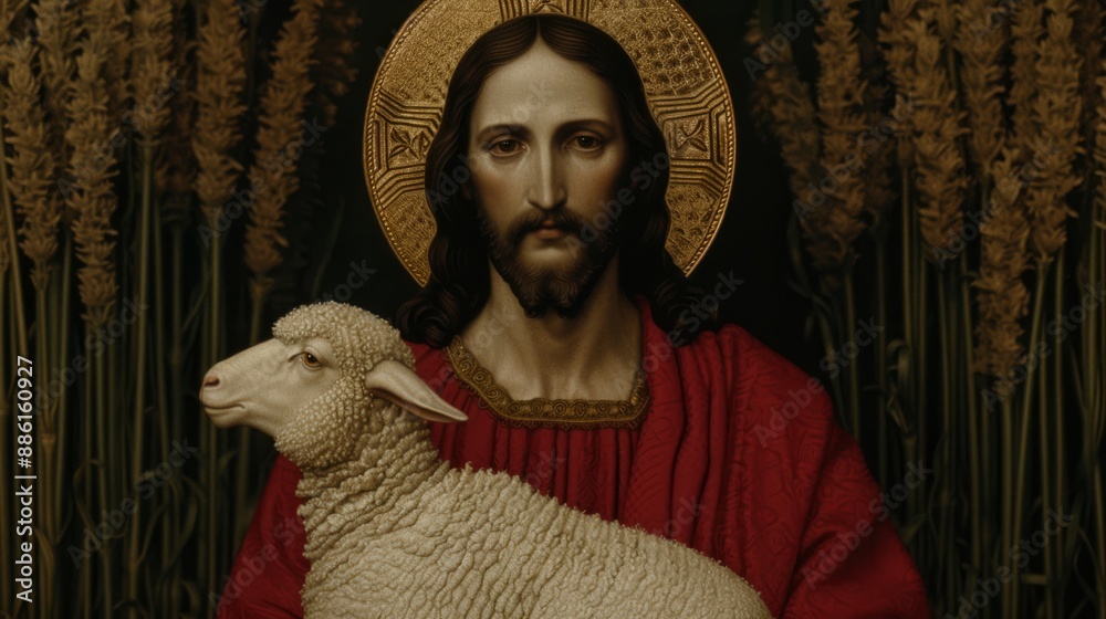 an icon of Jesus Christ as the Good Shepherd depicted in traditional ...