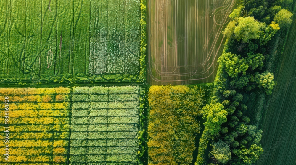 Depict an aerial view of farmland with wildflowers blooming along the ...