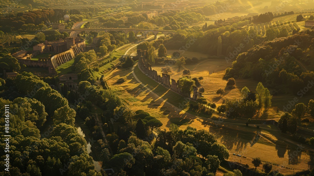 Depict the ancient Appian Way stretching from Rome into the countryside ...