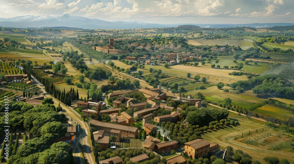 Depict the ancient Appian Way stretching from Rome into the countryside ...