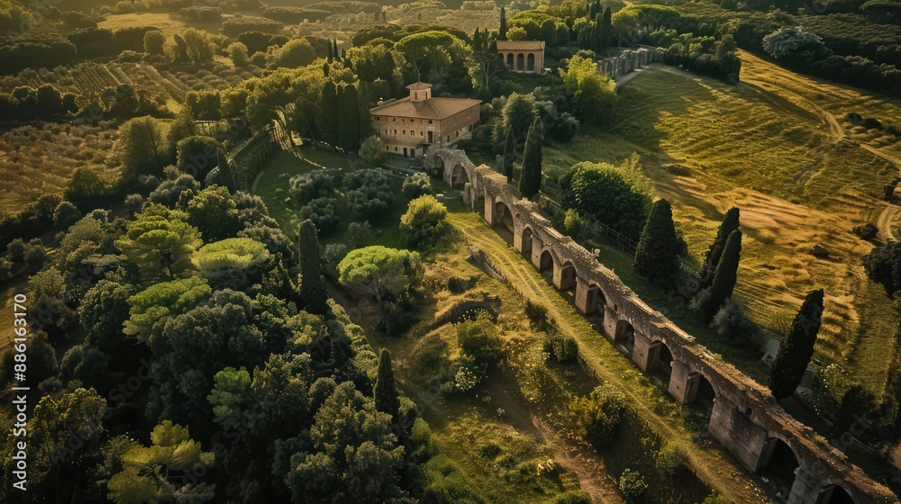 Depict the ancient Appian Way stretching from Rome into the countryside ...