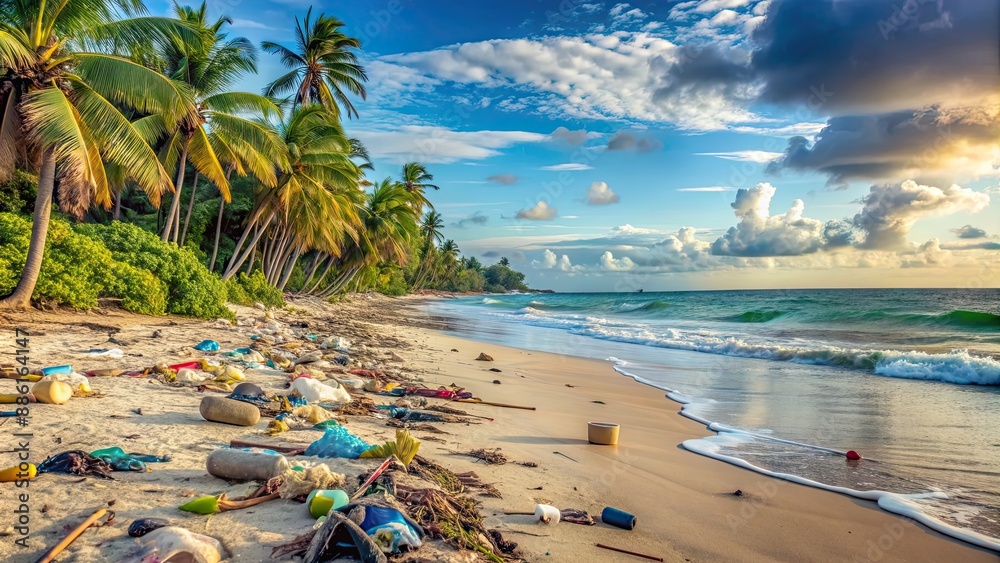 Pollution on beautiful tropical beach with garbage washed ashore ...