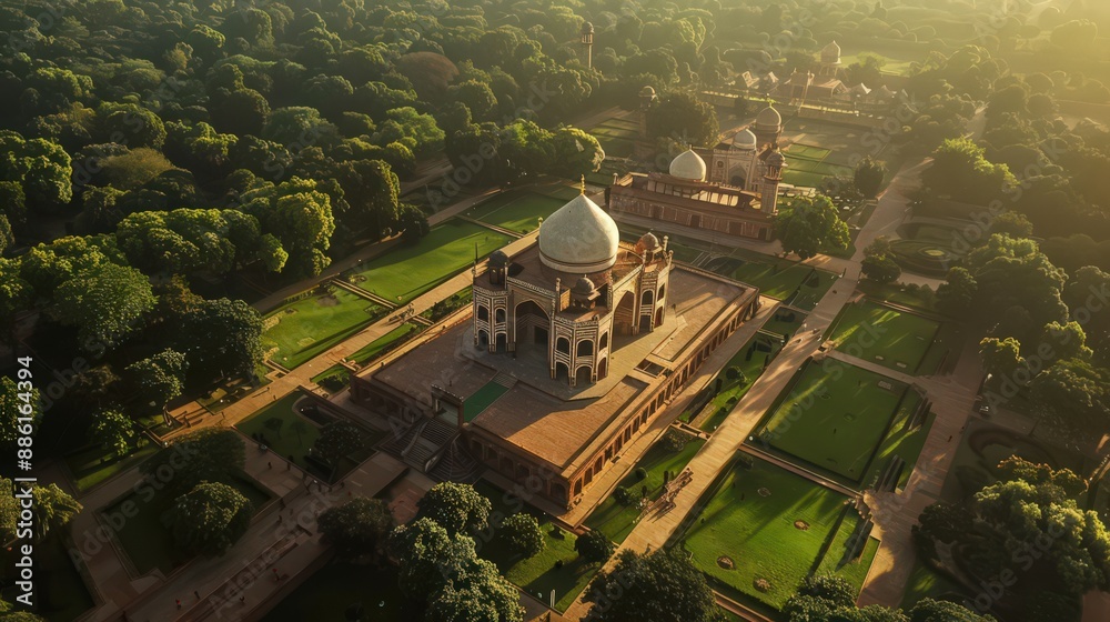 Depict the historic Humayun's Tomb and its lush gardens, a UNESCO World ...