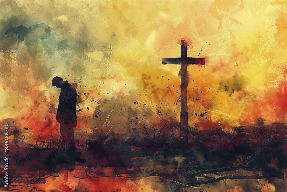 Christian figure stands alone in front of vibrant cross. Man prays with ...