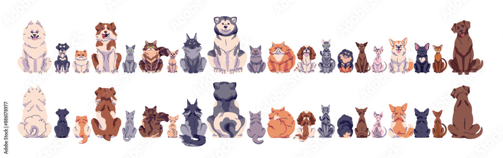 Set of different breeds of pets. Row of various dogs, cats in back and ...