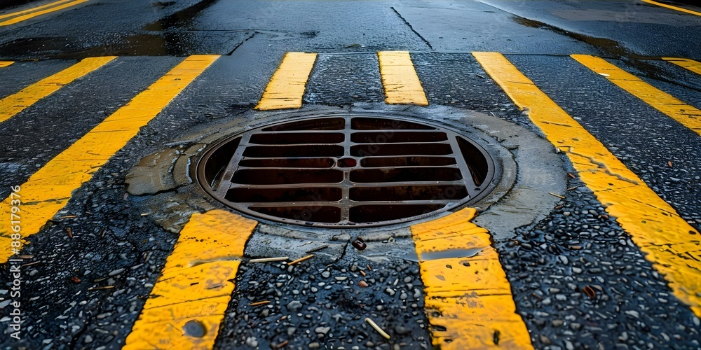 Manhole beside a road with yellow markings and stormwater system ...