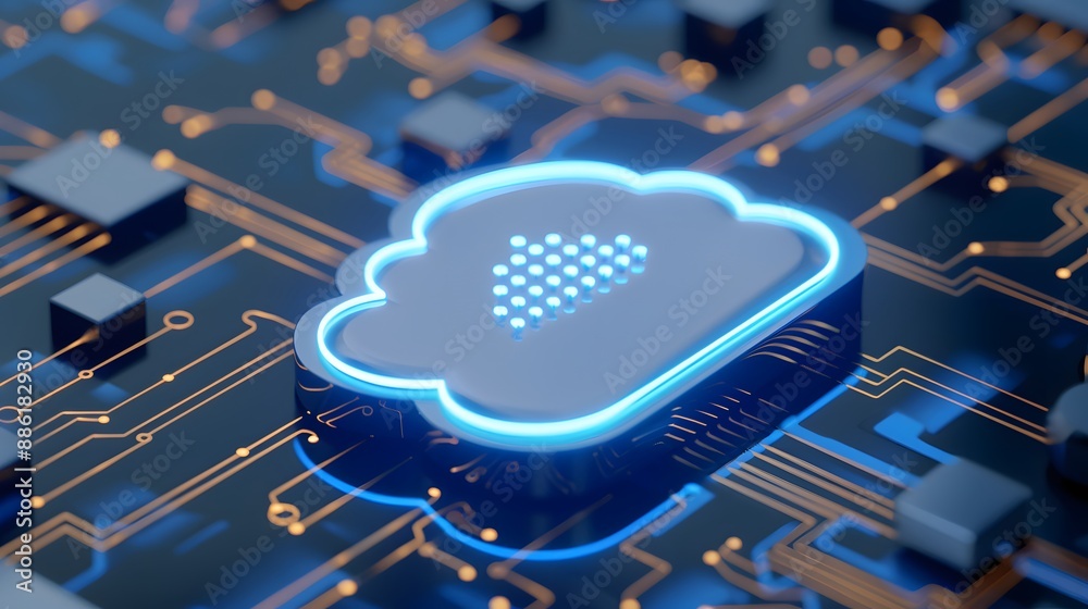 Futuristic cloud computing technology, represented by a glowing cloud icon on a circuit board ...