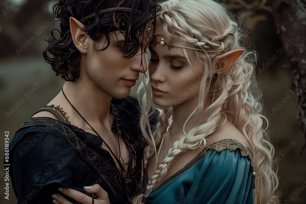 male and female elf, romantic pose, fantasy , couple in love, the man ...