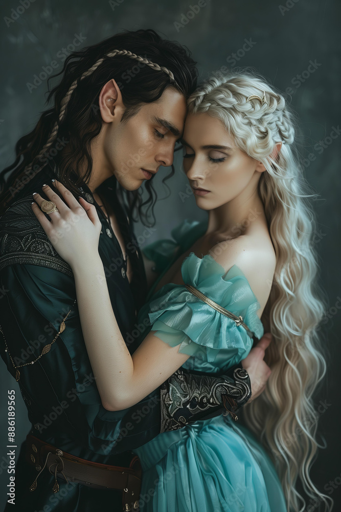 male and female elf, romantic pose, fantasy , couple in love, the man ...