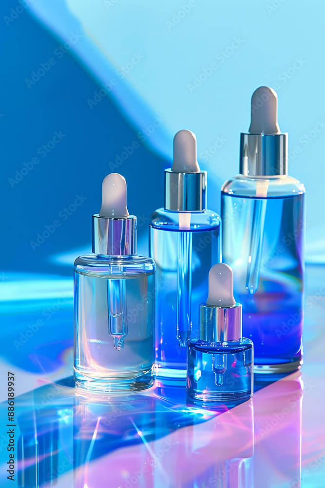 Product photography, skin care products in blue glass bottles with ...