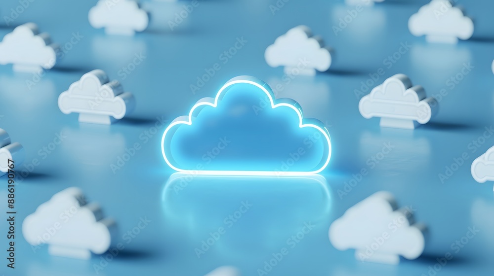 Glowing blue cloud icon standing out among multiple cloud symbols on a ...