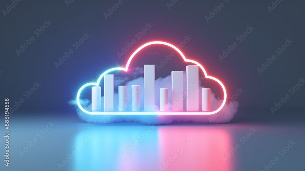 Neon light cloud with bar graphs symbolizing cloud computing, data ...