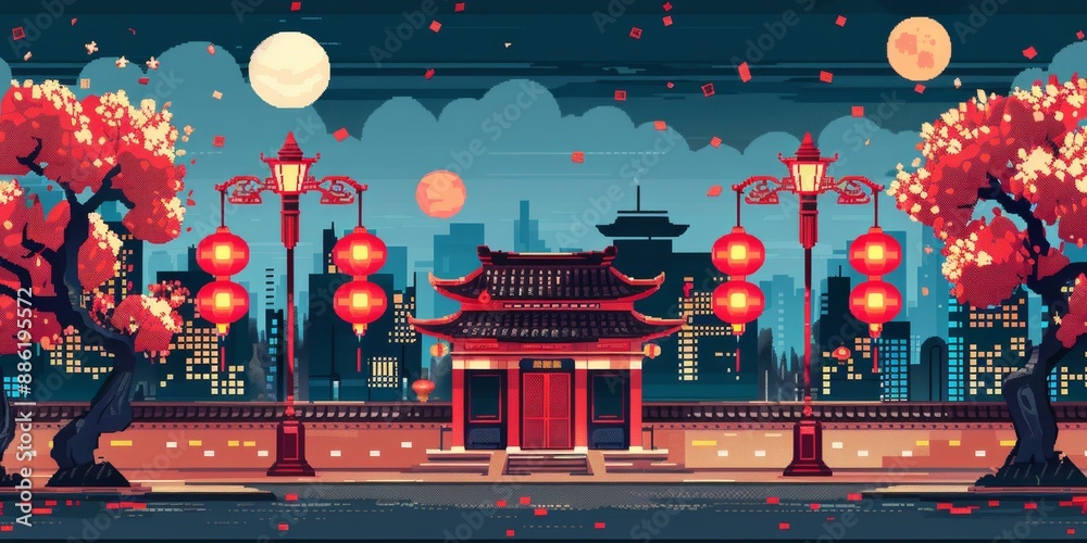 Pixel Art Chinese Street with Temple, Lanterns, and Trees, Celebrating ...