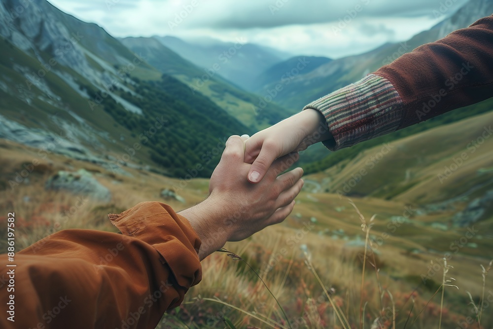 Close up of woman's hand reaching out to man in mountain landscape ...