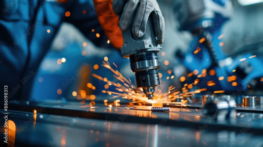 An engineer inspecting freshly machined parts on a conveyor belt inside ...