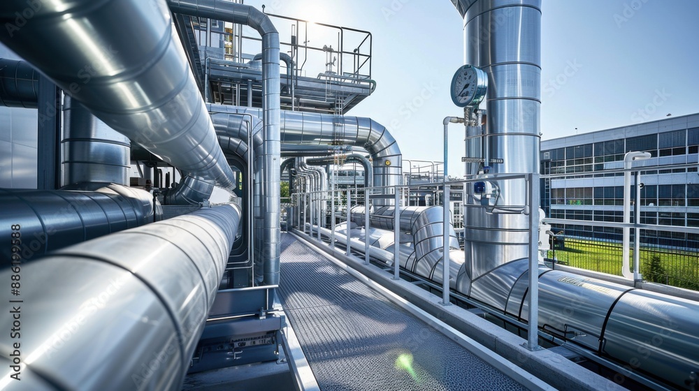Wide shot of a sprawling manufacturing plant, featuring intricate ...